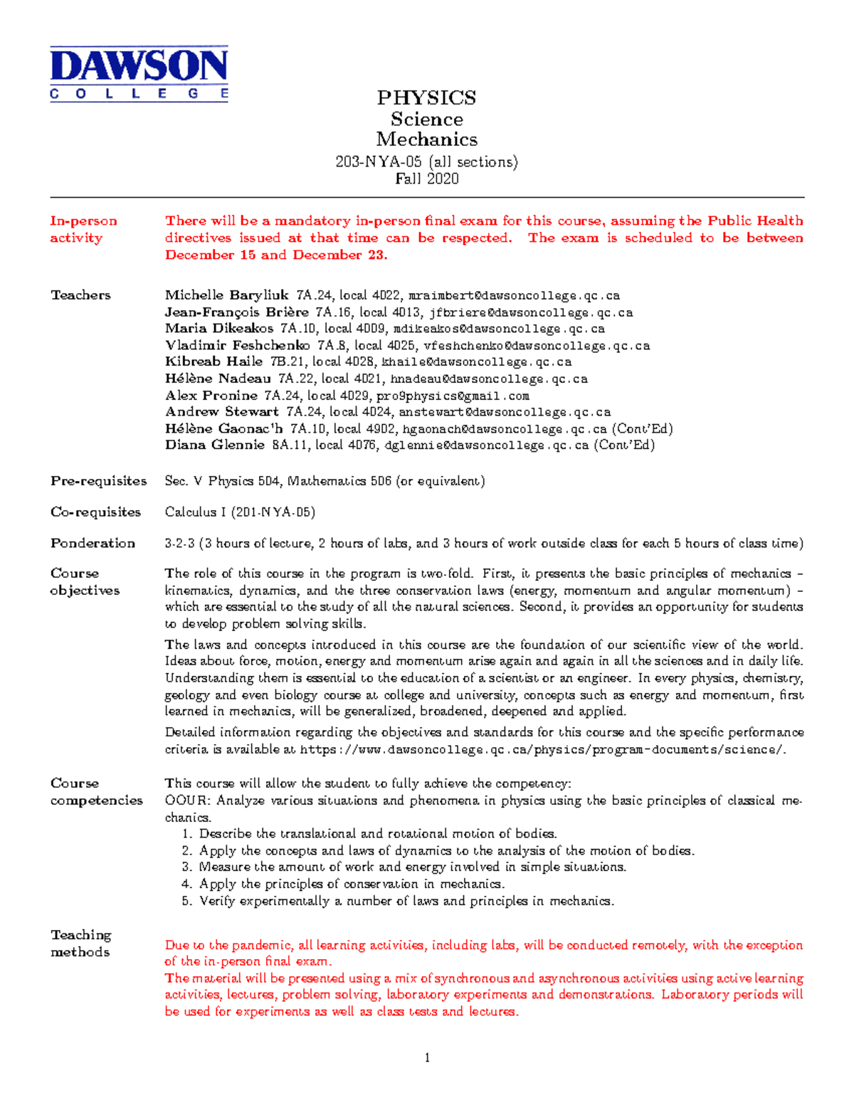 203-NYA-05 Fall2020 Outline - PHYSICS Science Mechanics 203-NYA-05 (all ...