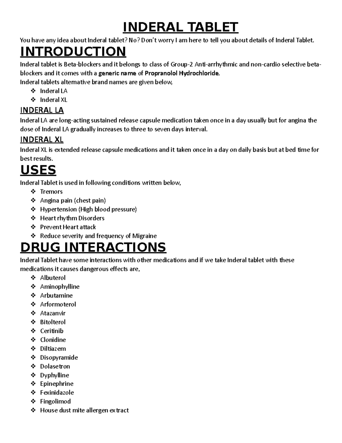 Inderal Tablet - Medications are basic part of our life so, we should ...