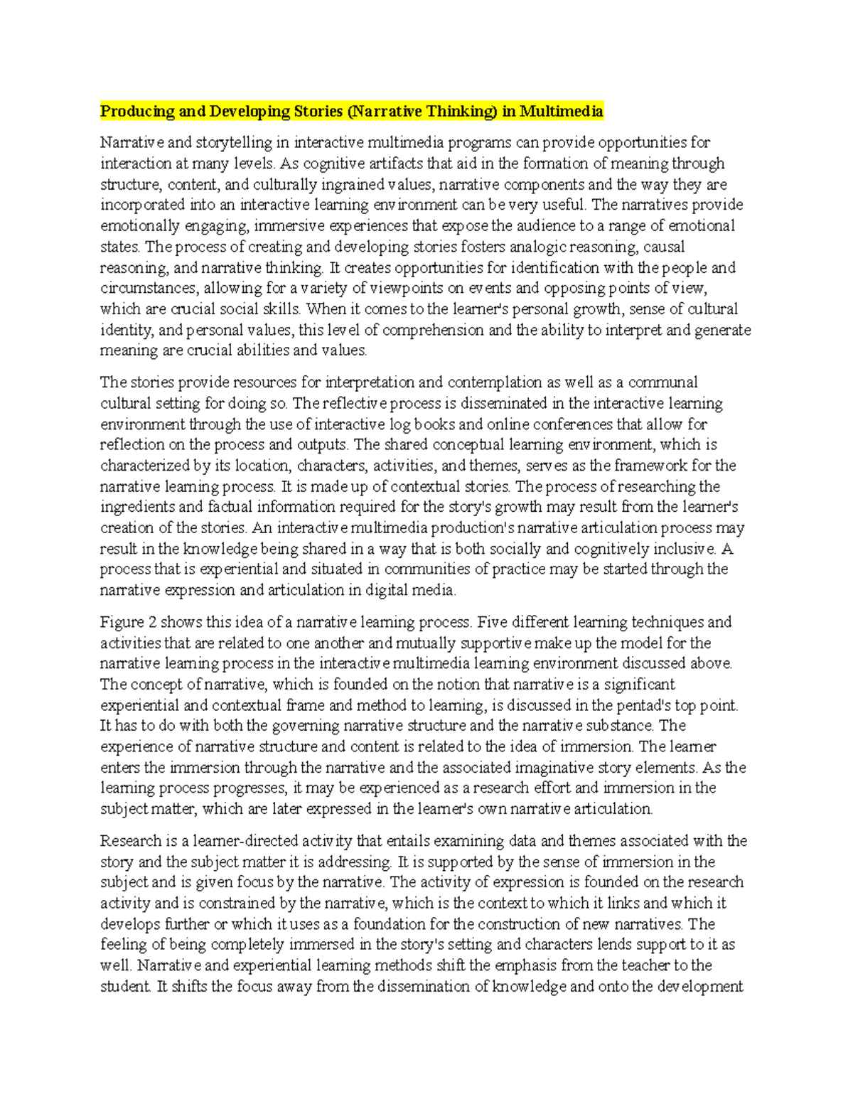 Producing and Developing Stories (Narrative Thinking) in Multimedia ...