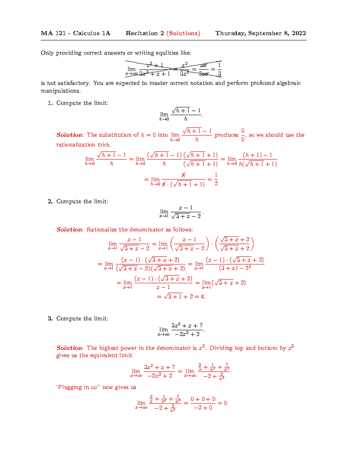 MA121 22F1 Rc2 sol - Professor: Denis Serbin - MA 121 - Calculus 1A Recitation 2 (Solutions ...