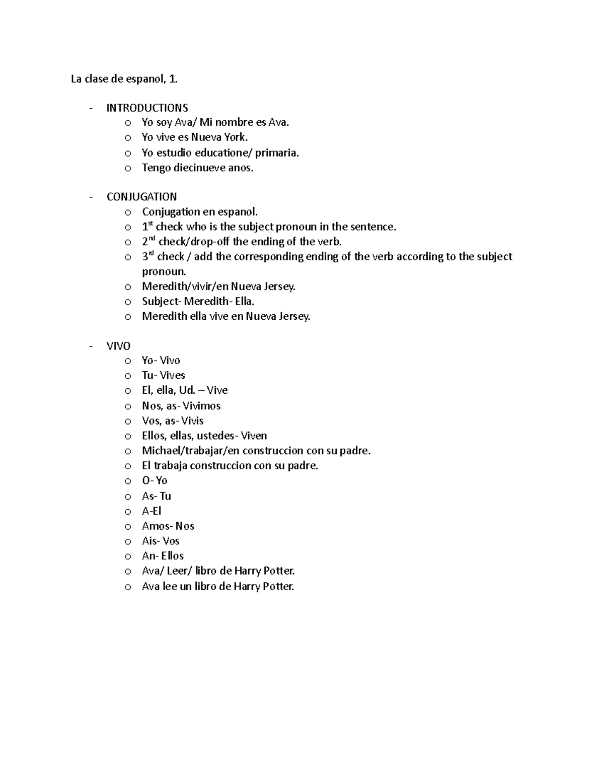 Spanish Notes - La clase de espanol, 1. - INTRODUCTIONS o Yo soy Ava ...