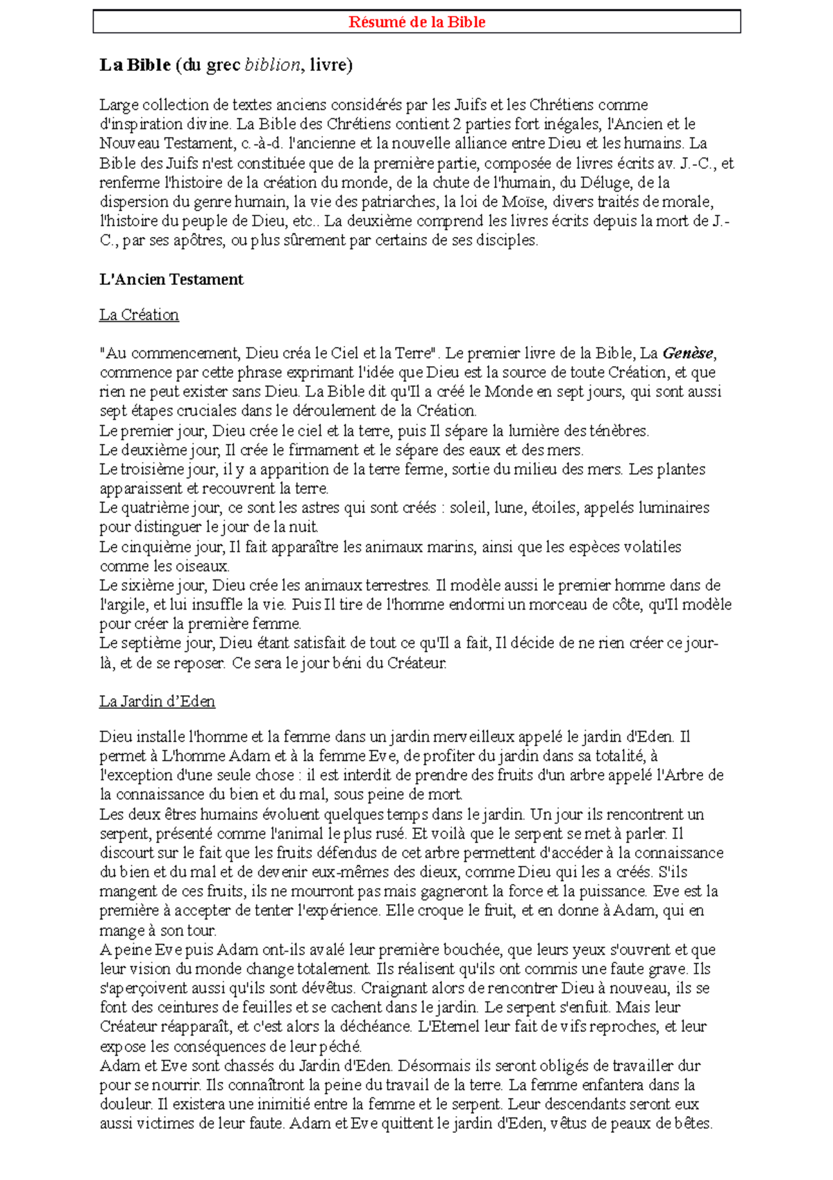 La bible - lettre - Résumé de la Bible La Bible (du grec biblion, livre ...