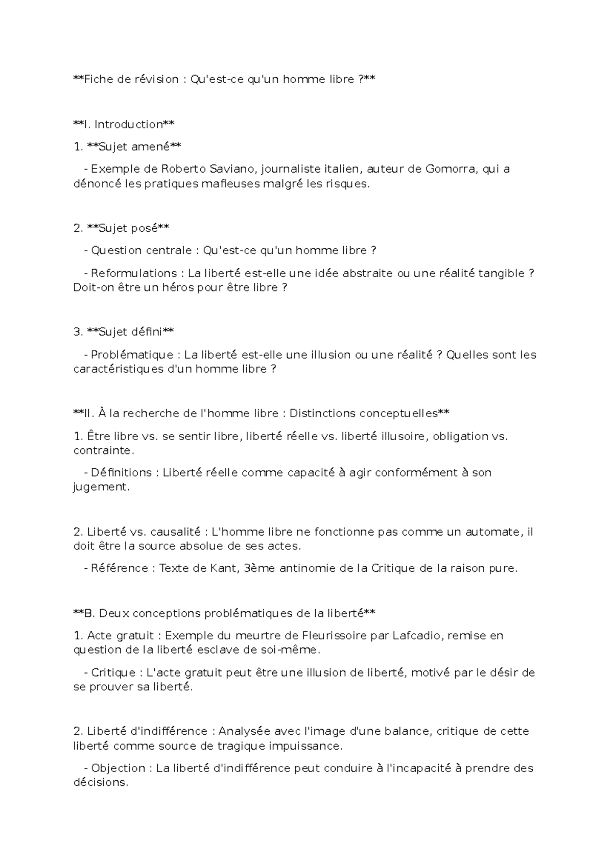 LA Liberte - Fiche de révision : Qu'est-ce qu'un homme libre ? I ...