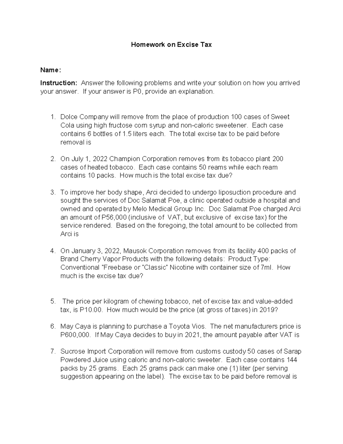 Homework on Excise Tax - hukjjjnjnj - Homework on Excise Tax Name ...
