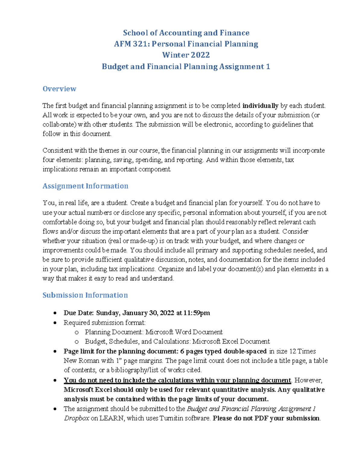 AFM 321 W22 - Budget and FP Assignment 1 - School of Accounting and Finance AFM 321: Personal ...