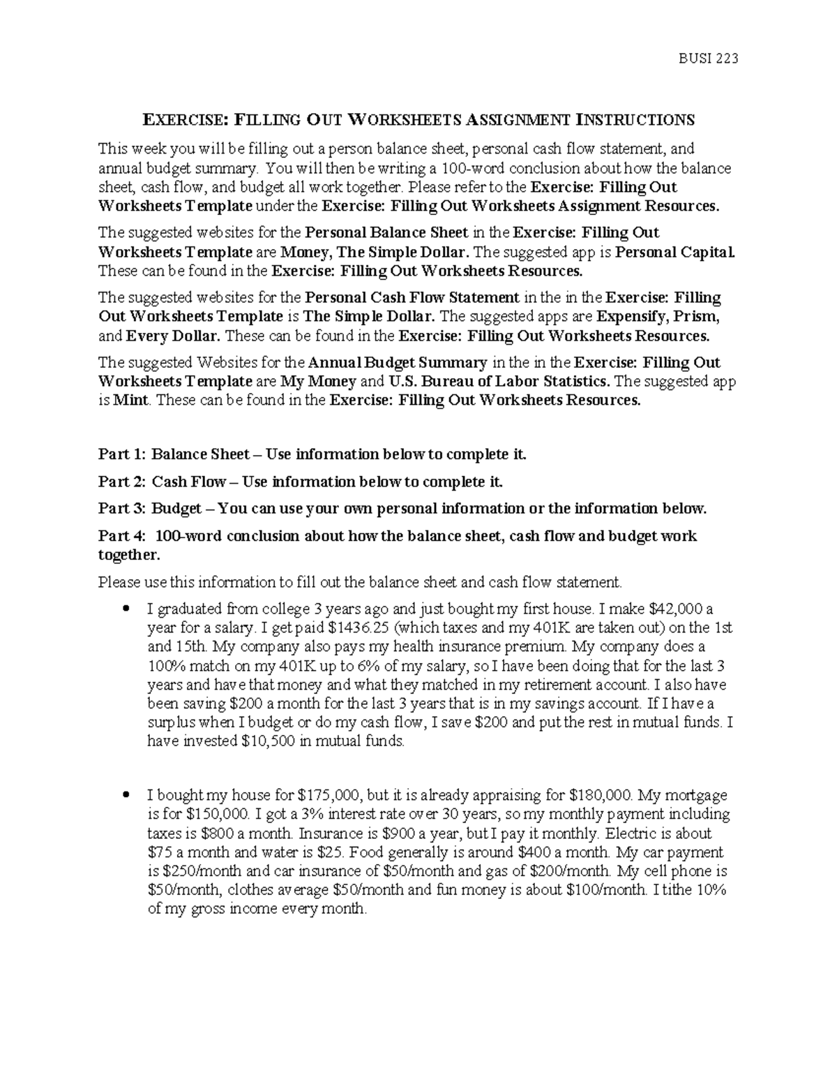 Exercise Filling Out Worksheets Assignment Instructions - BUSI 223 ...