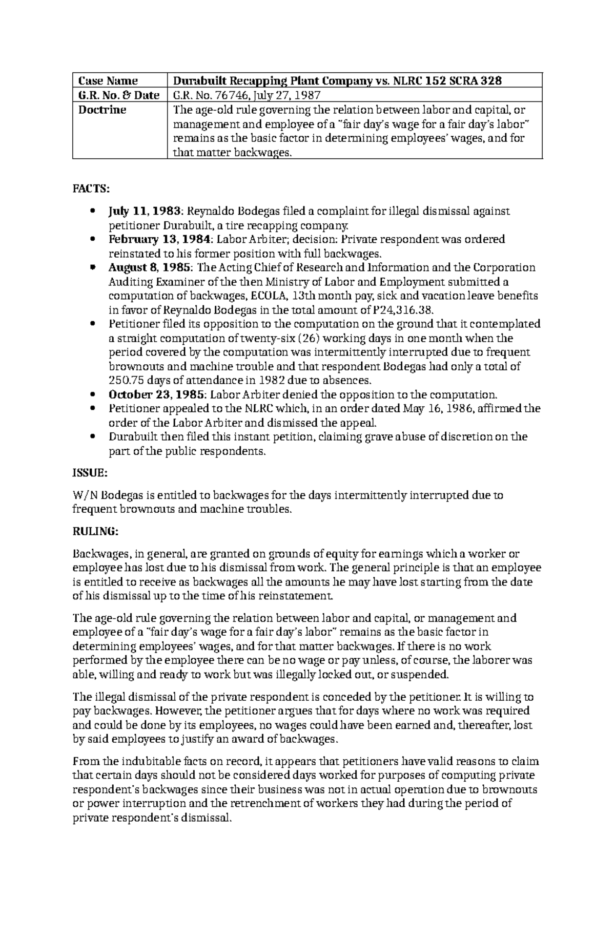 8. Durabuilt Recapping Plant Company vs. NLRC 152 SCRA 328 - Case Name ...