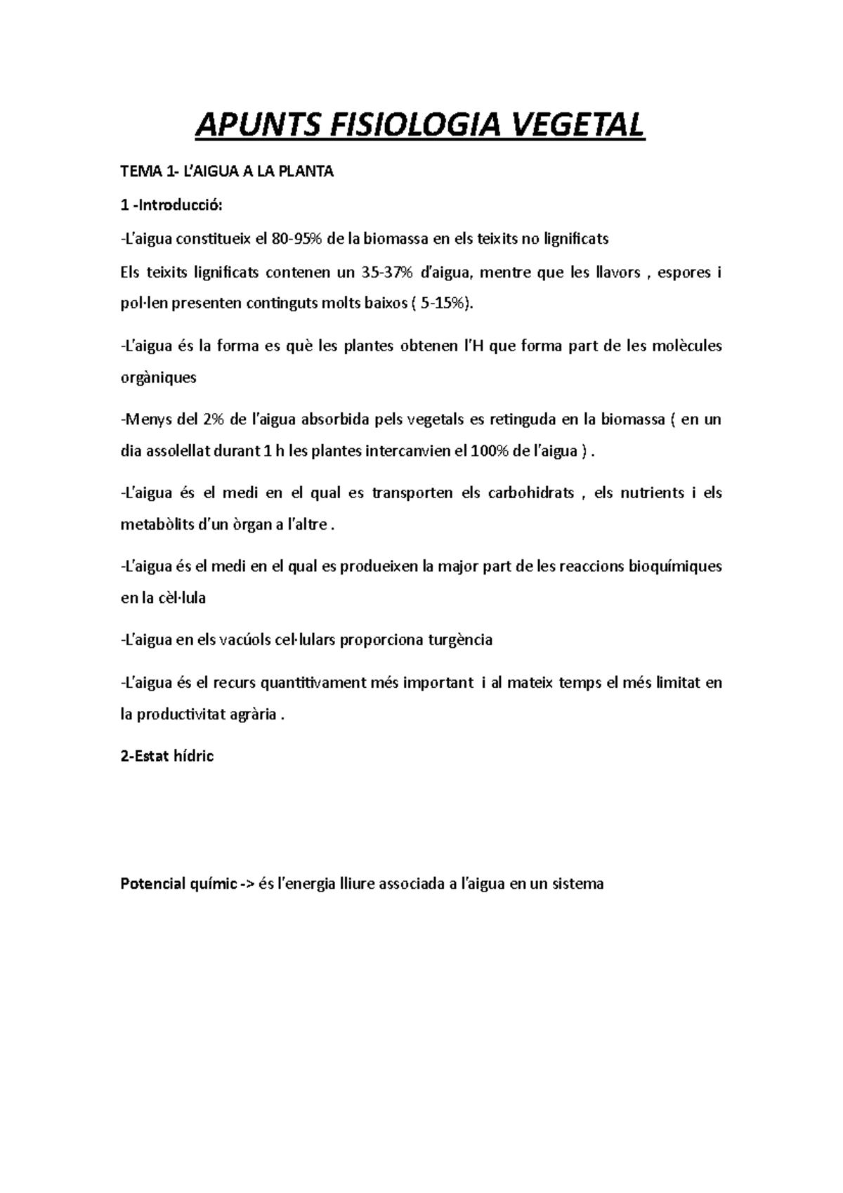 Fisio vegetal - Apuntes - APUNTS FISIOLOGIA VEGETAL TEMA 1- L’AIGUA A ...