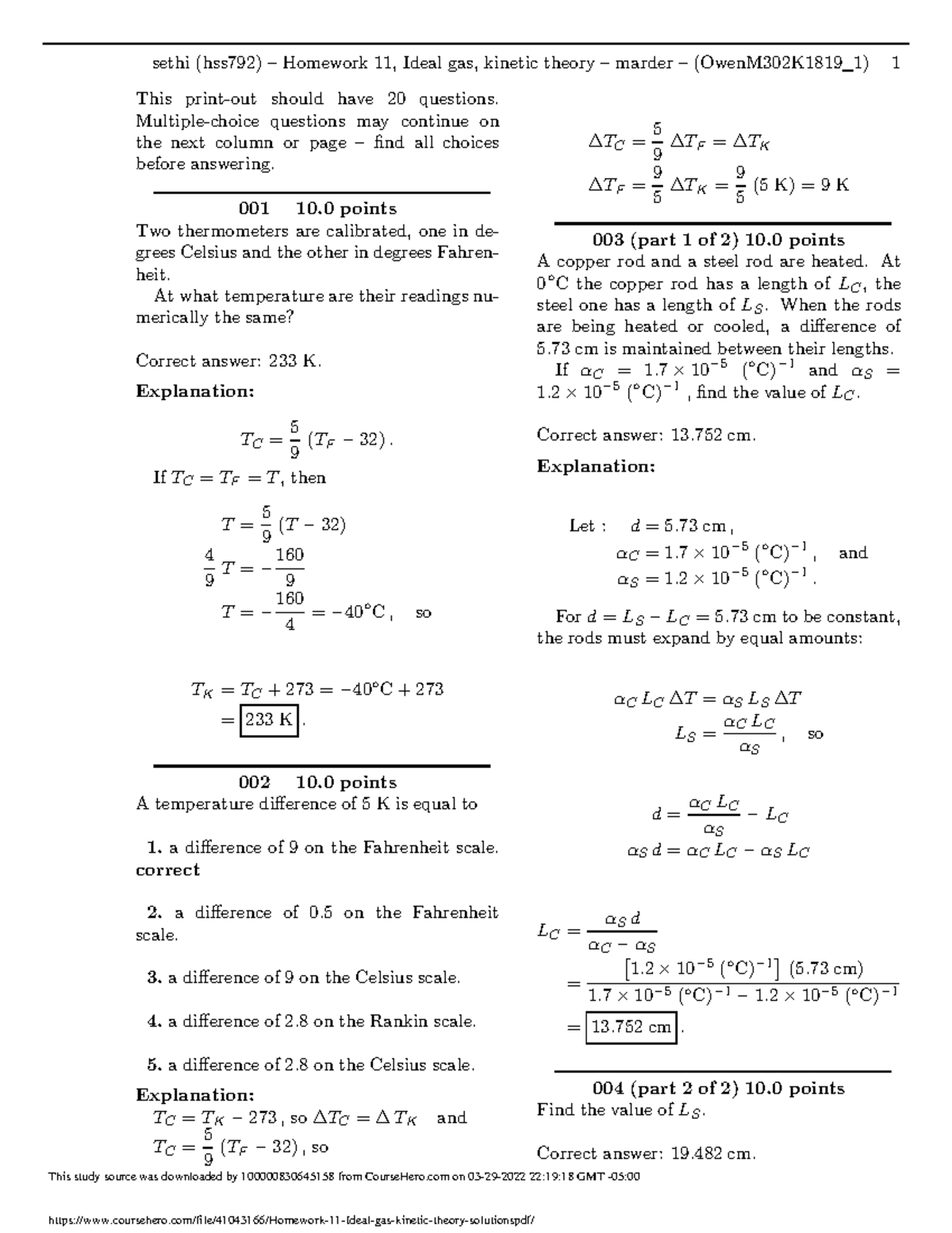 Homework 11 Ideal gas kinetic theory solutions - This print-out should ...