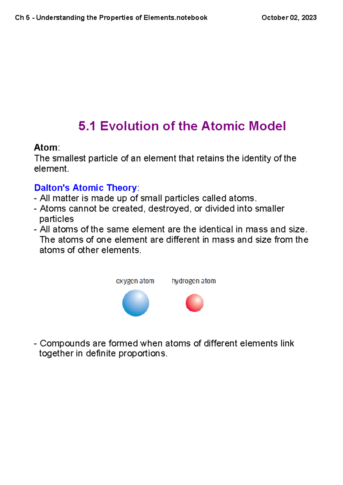 Chapter 5 (Notes) - Full Page - Dalton's Atomic Theory: All matter is ...