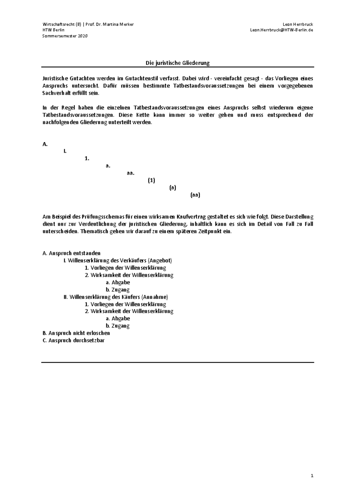 Tutorium HGB BGB I Gliederung So Se20 - Warning: TT: undefined function: 32 Wirtschaftsrecht (B ...