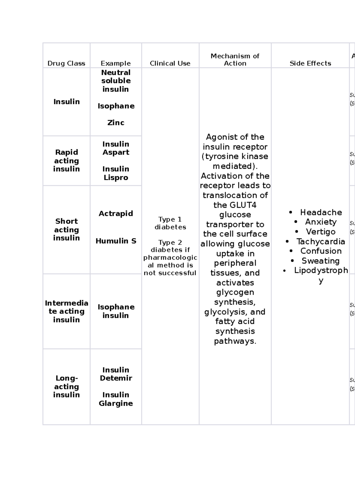 Insulin - Drug Class Example Clinical Use Mechanism of Action Side ...