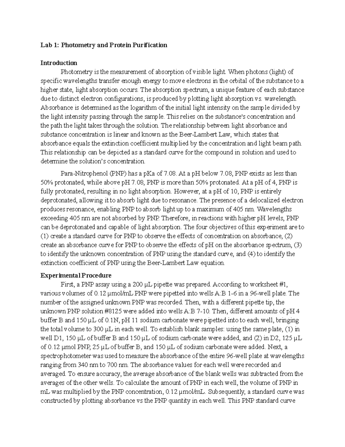 Studoc bio 300 lab report 1 - Lab 1: Photometry and Protein ...