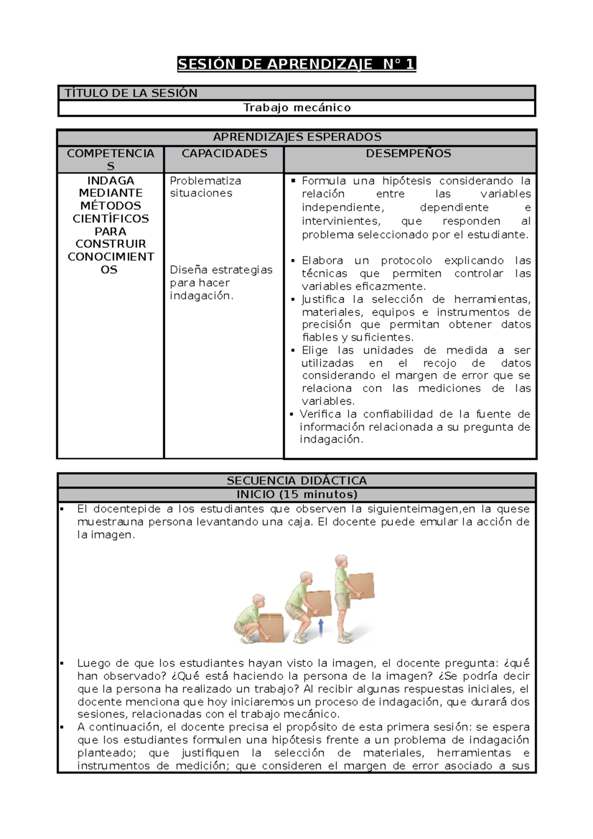 Sesion CTA 5 - cta - SESIÓN DE APRENDIZAJE N° 1 TÍTULO DE LA SESIÓN Trabajo mecánico ...