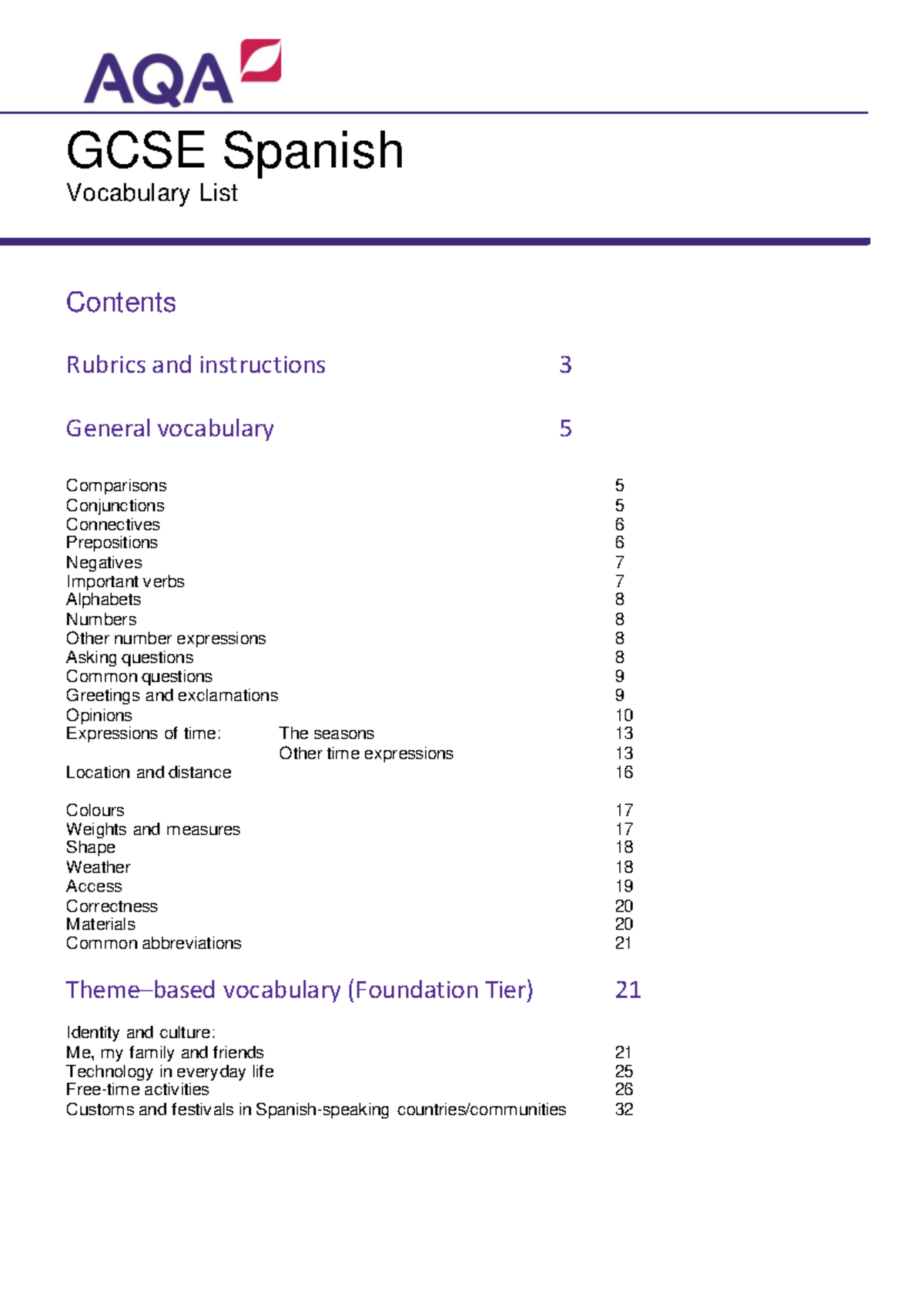 AQA GCSE Spanish Vocab - GCSE Spanish Vocabulary List Rubrics and ...