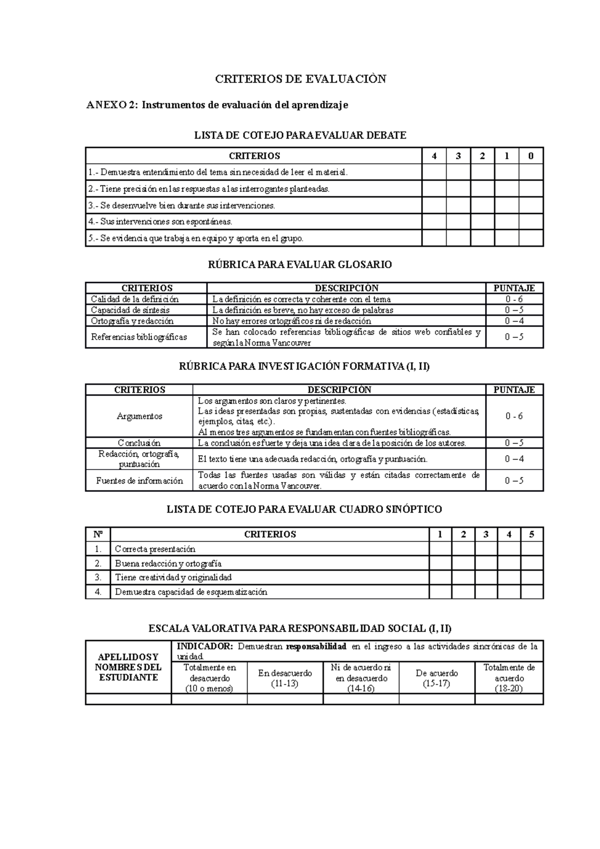 Criterios DE Evaluacion DP 2020-1B - CRITERIOS DE EVALUACIÒN ANEXO 2: Instrumentos de evaluación ...