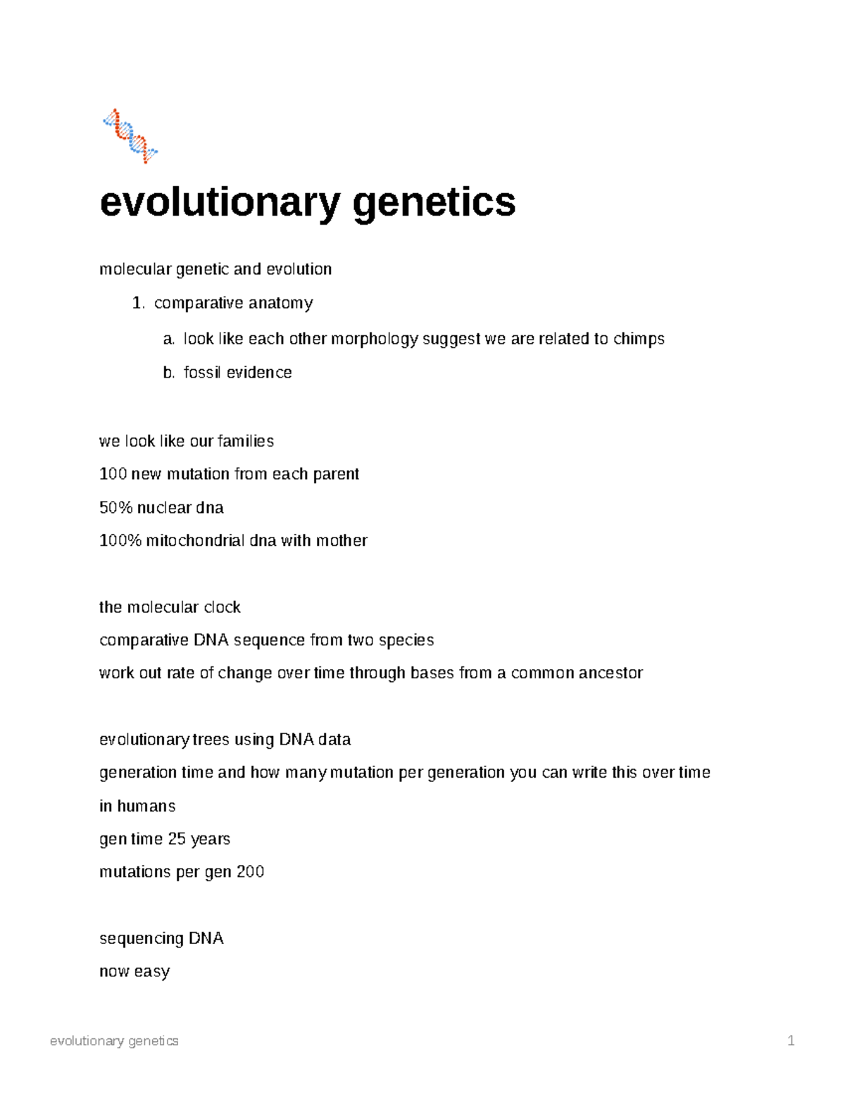 Evolutionary genetics - BIOL2039 - Studocu