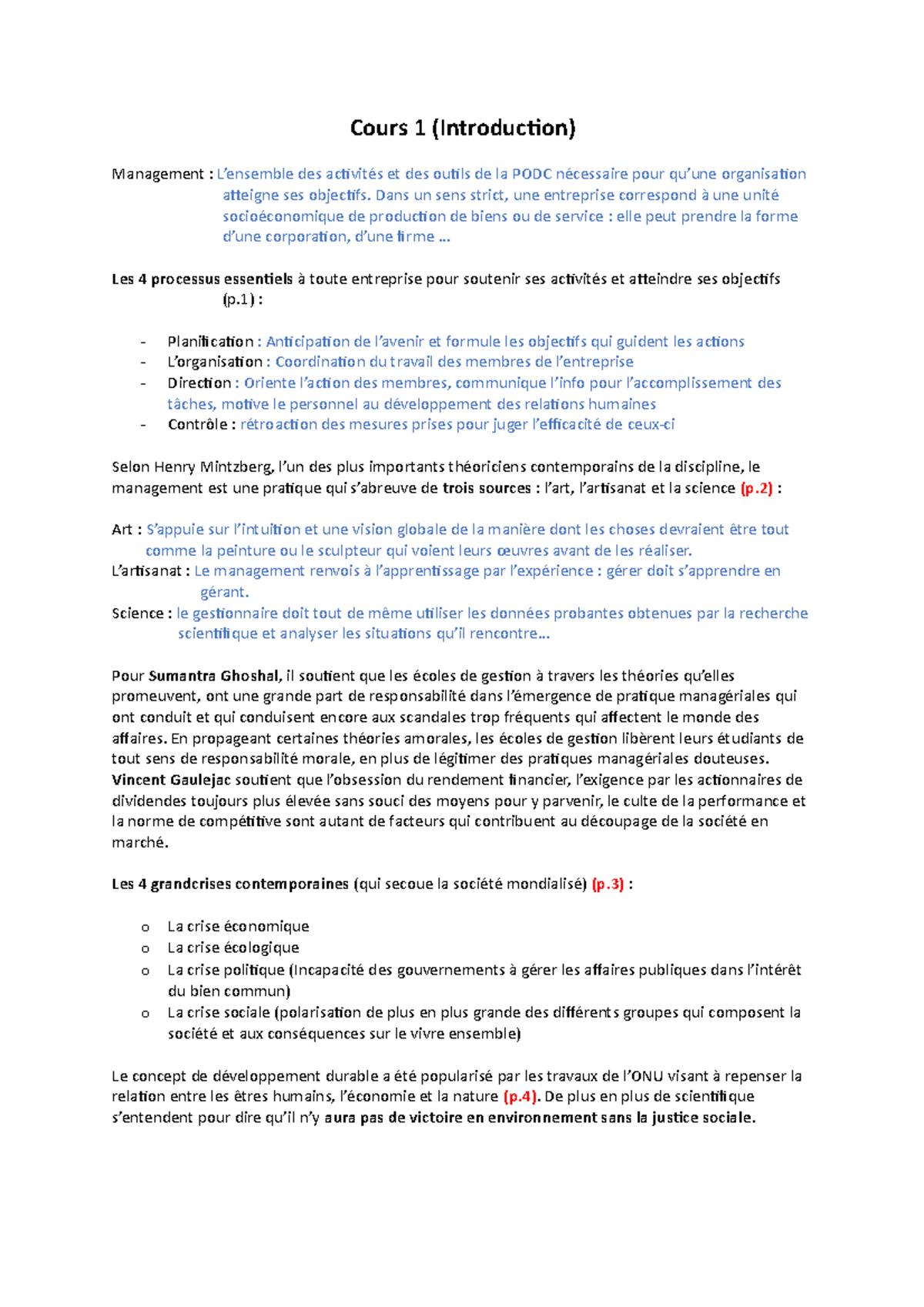 MNG séance 1 - note pour le cours 1 - Cours 1 (Introduction) Management ...