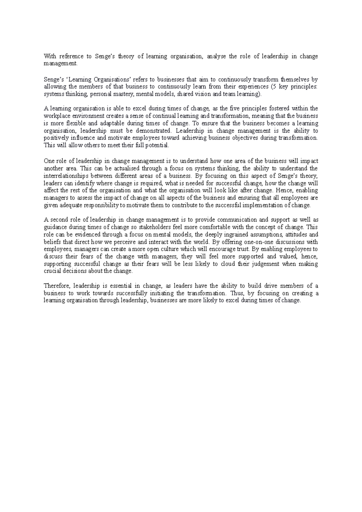 Leadership - business - With reference to Senge’s theory of learning ...