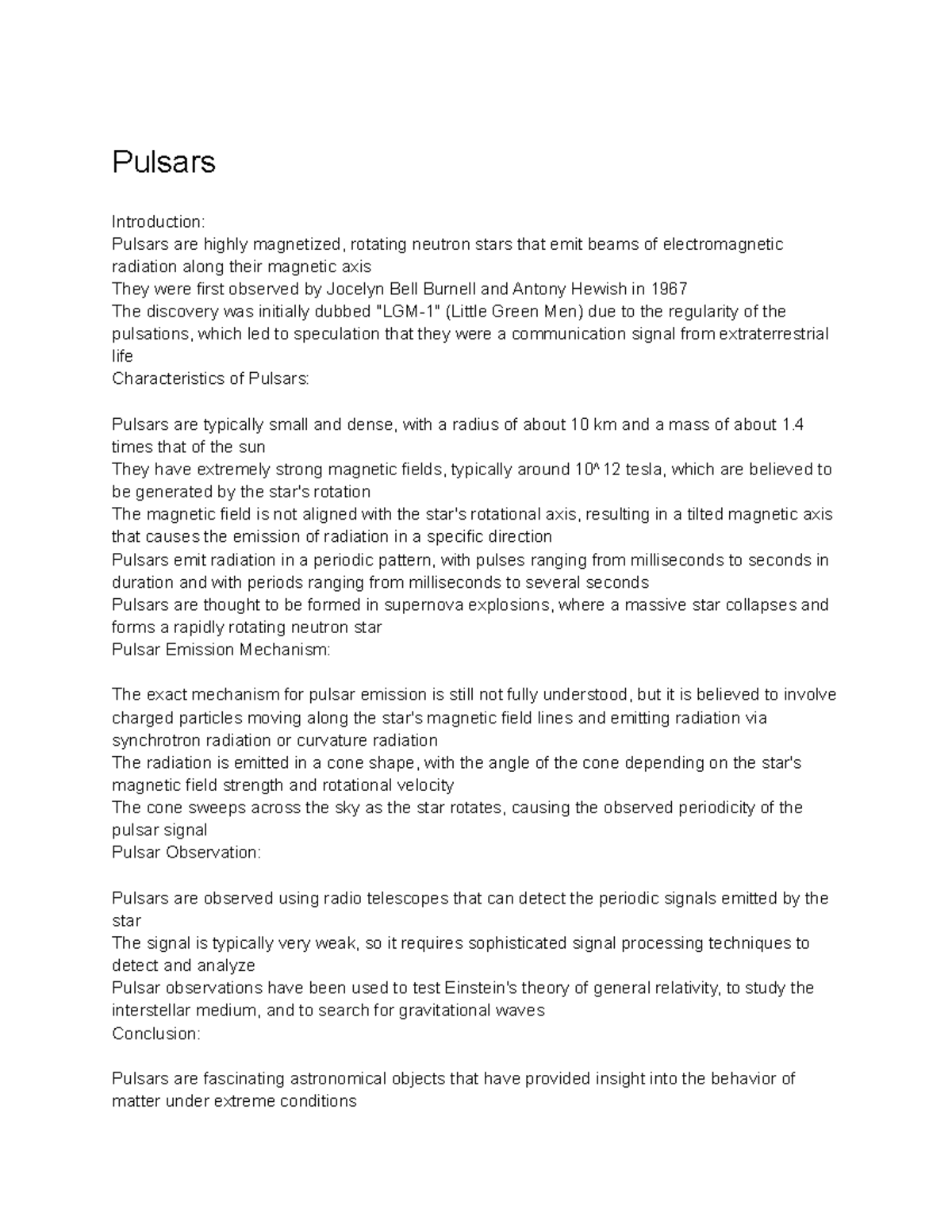 General Physics III (PHY-2040) Lecture 55 - Pulsars - Pulsars Introduction: Pulsars are highly ...