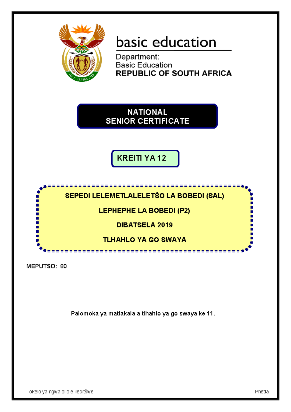 Sepedi SAL P2 Nov 2019 Memo - MEPUTSO: 80 Palomoka ya matlakala a ...