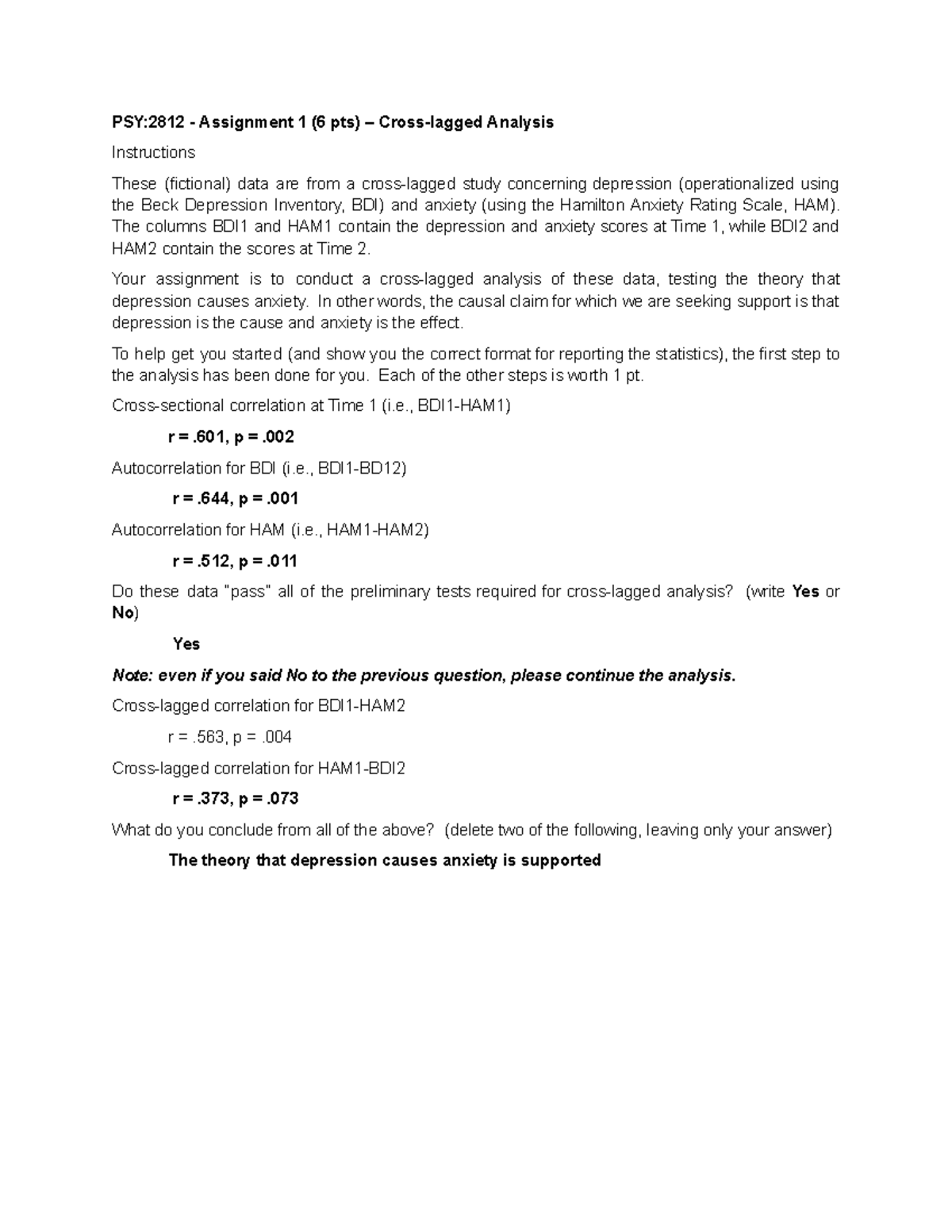 PSY 2812 - Assignment 1 – Cross-lagged Analysis - PSY:2812 - Assignment ...
