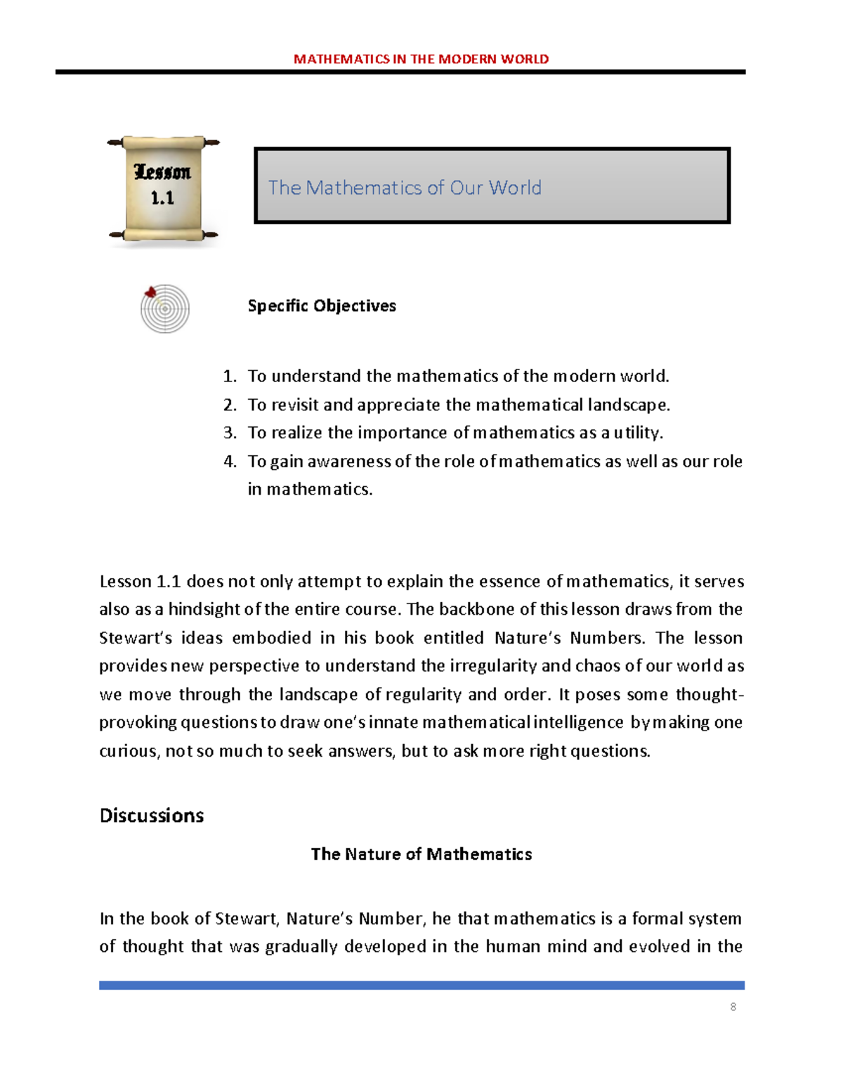 0 Introduction to Nature of Mathematics - Specific Objectives To ...