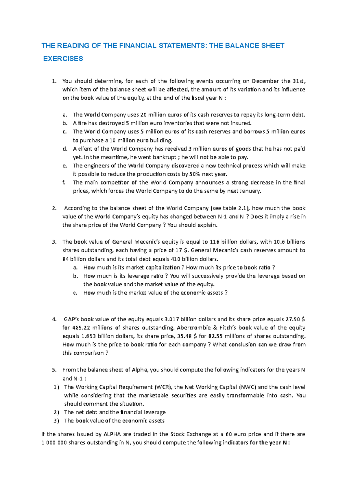 2.Exercises Balance sheet UK - THE READING OF THE FINANCIAL STATEMENTS ...