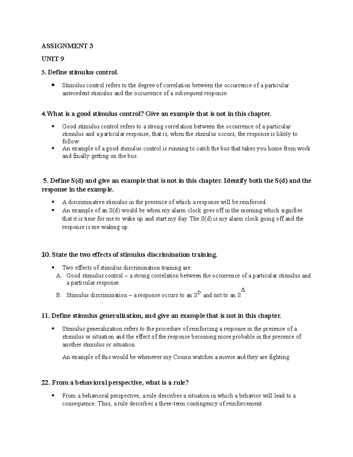 Psyc 2440 Assignment 3 Assignment 3 Unit 9 3 Define Stimulus Control Stimulus Control