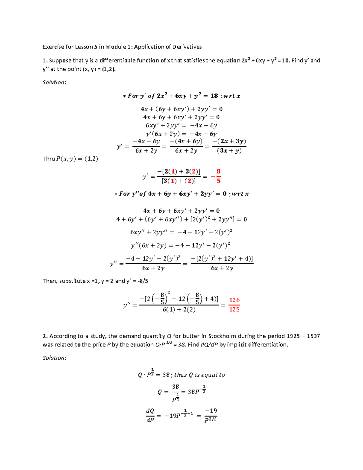Application of Derivatives - Exercise for Lesson 5 in Module 1 ...
