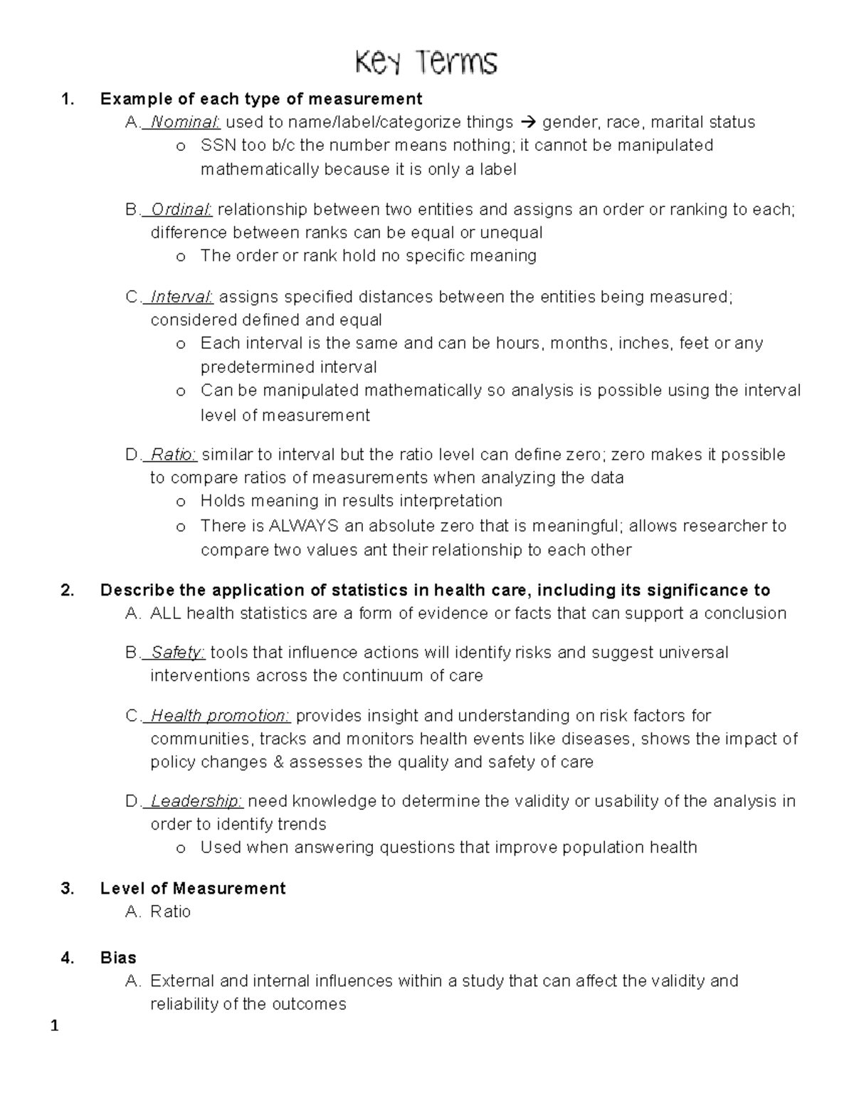 Stats Week 1 Key Terms - 1. Example of each type of measurement A ...