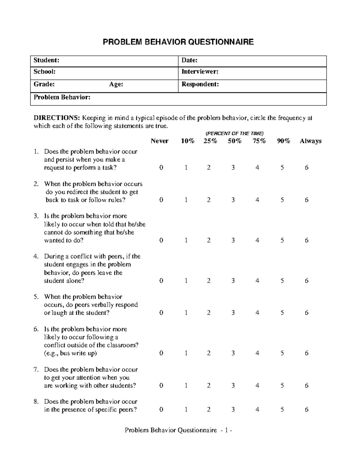 FBAproblem behavior questionnaire - Problem Behavior Questionnaire - 1 ...