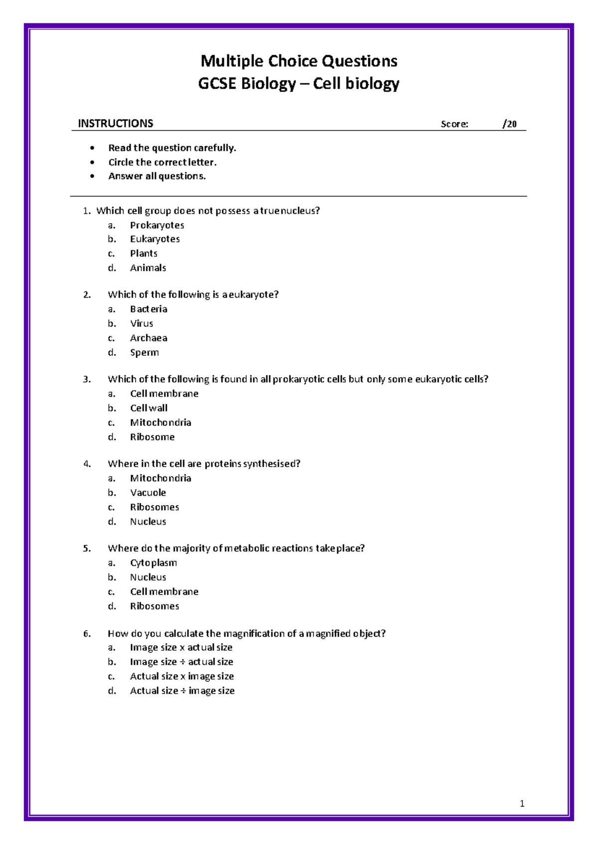 Biology-Cells - Biology - Multiple Choice Questions GCSE Biology – Cell ...
