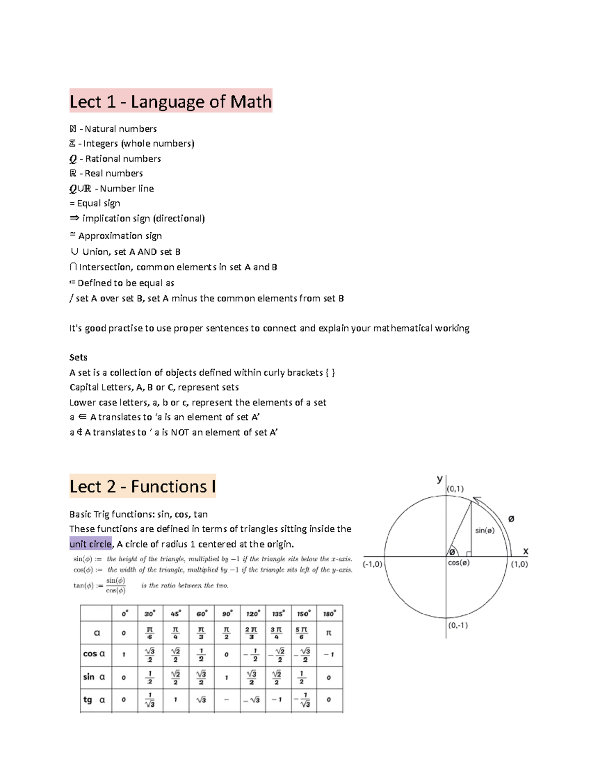 MATH1110 - revision doc - Lect 1 - Language of Math ℕ - Natural numbers ...