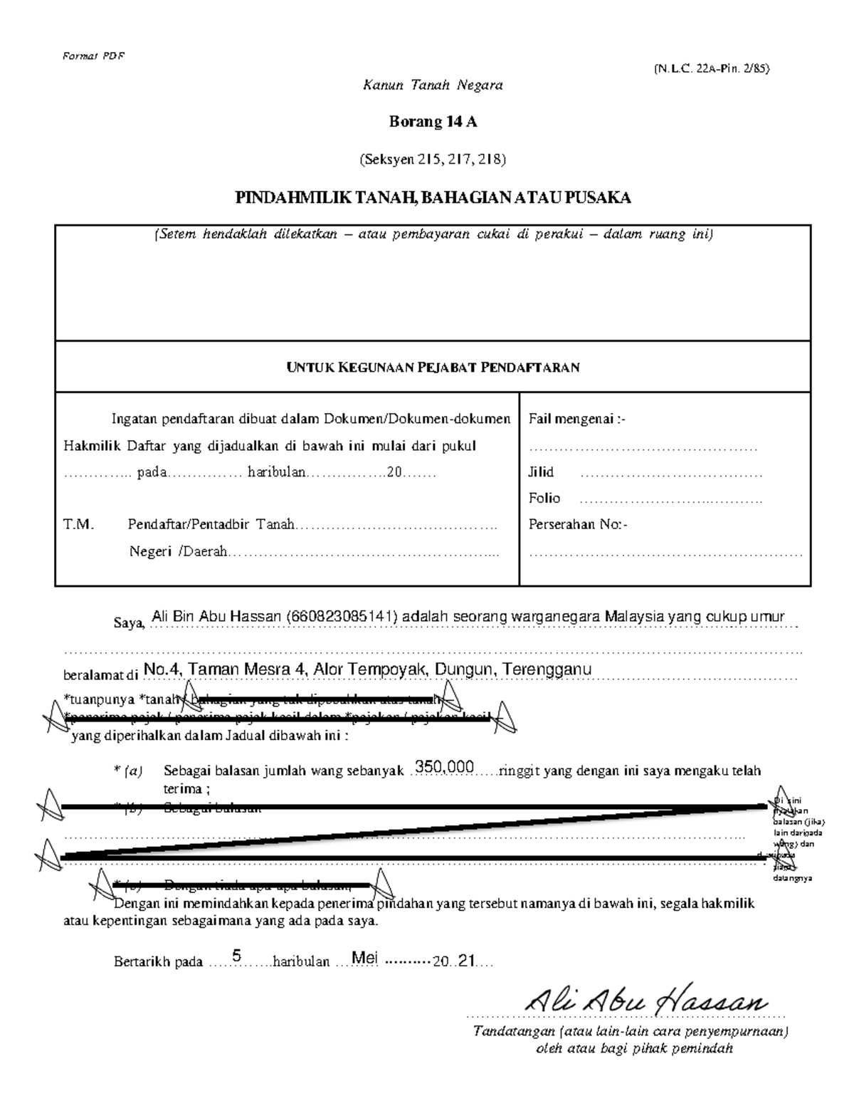 Filled in Form 14A - Attempt - Conveyancing Law 1 - UiTM - Studocu