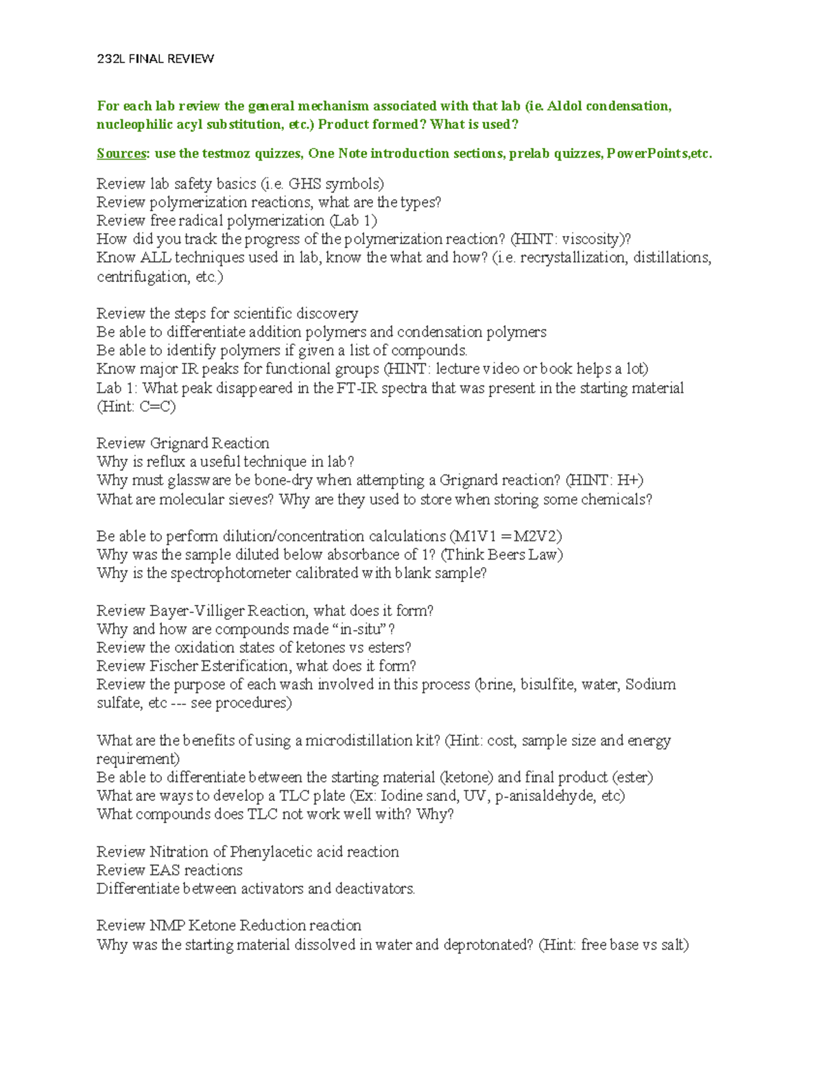 232L Final Review - 232L FINAL REVIEW For each lab review the general ...