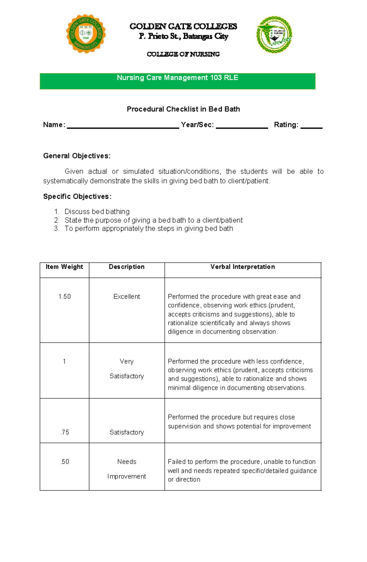 1-BED BATH-new - skills lab checklist - P. Prieto St., Batangas City ...