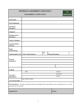 Information Systems - Assignments - APPENDIX A: ASSIGNMENT COVER SHEET ...