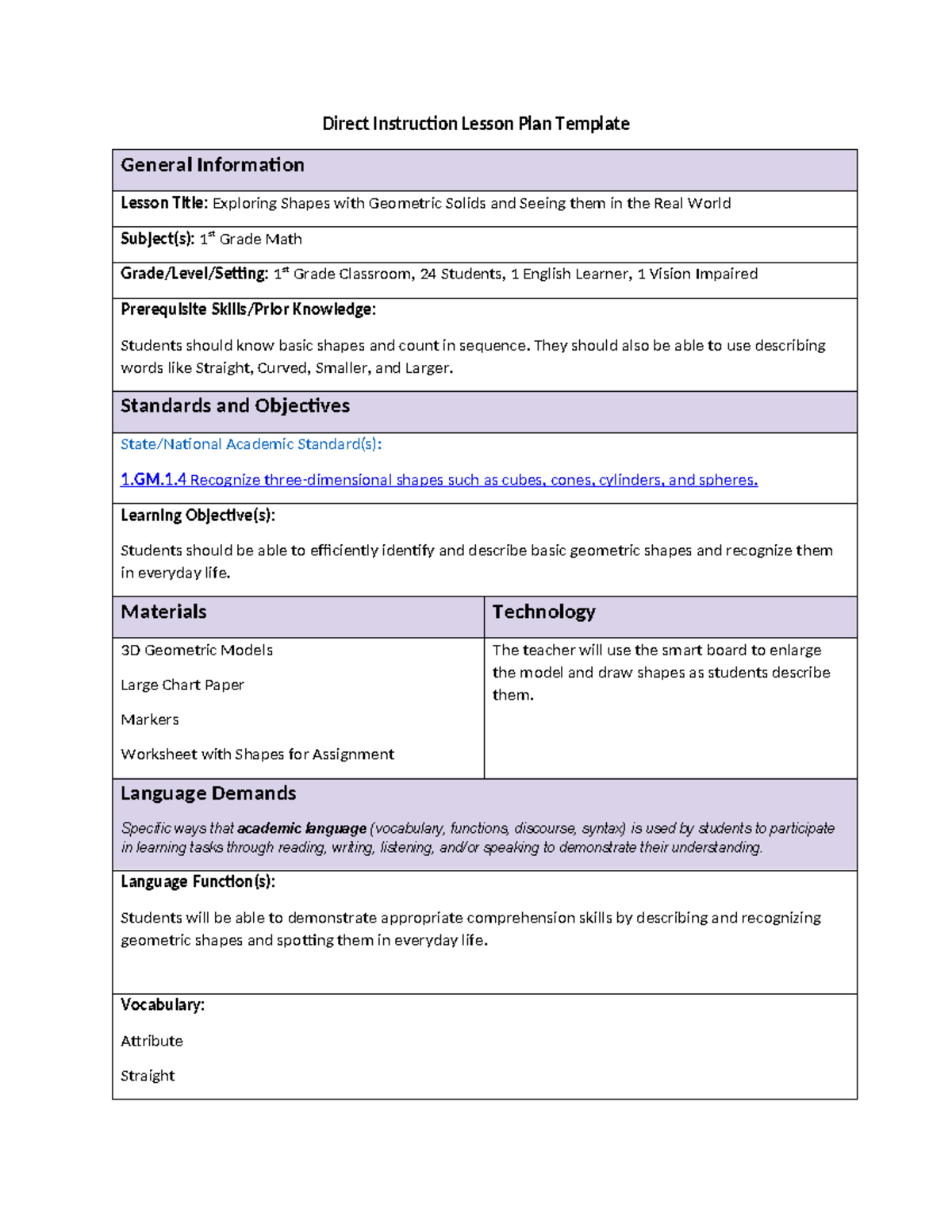 LMM2 Task 1 Math Tools - task 1 passed - Direct Instruction Lesson Plan Template General ...