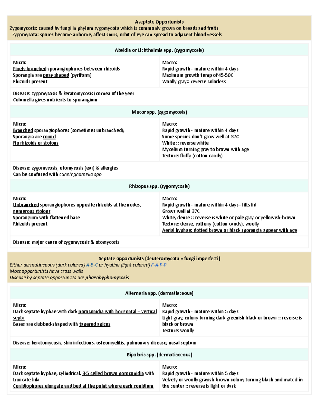 Mycology Notes (Aseptate & Septate Opportunists, Yeast, Superficial ...