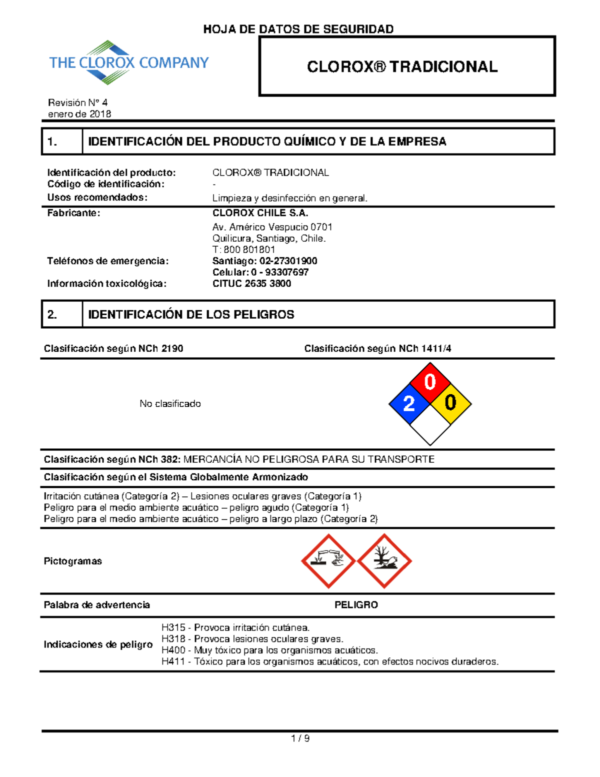 Hds cloro - asi es - CLOROX® TRADICIONAL Revisión N° 4 enero de 2018 1. IDENTIFICACIÓN DEL ...
