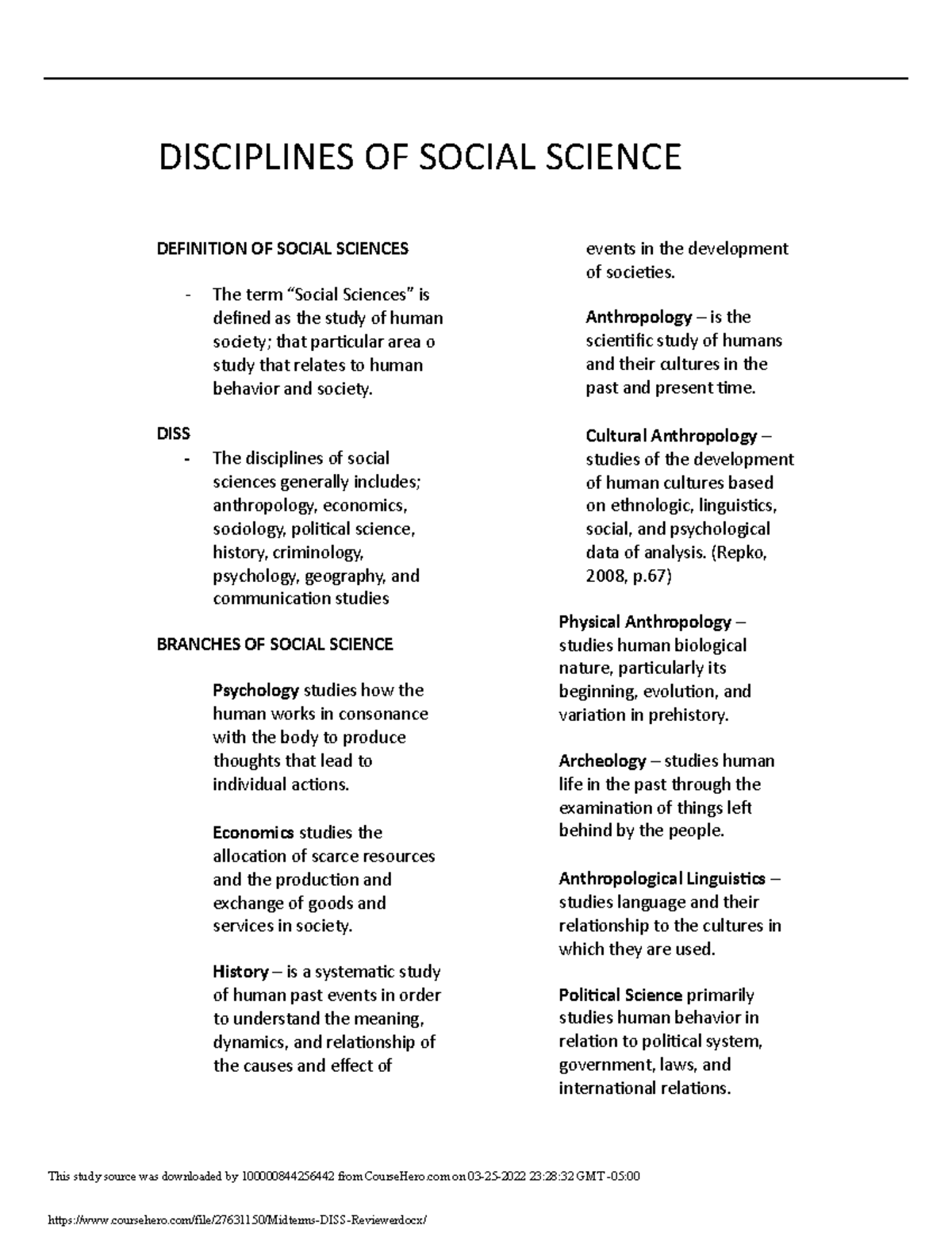 DISS - Hope you enjoy - DISCIPLINES OF SOCIAL SCIENCE DEFINITION OF ...