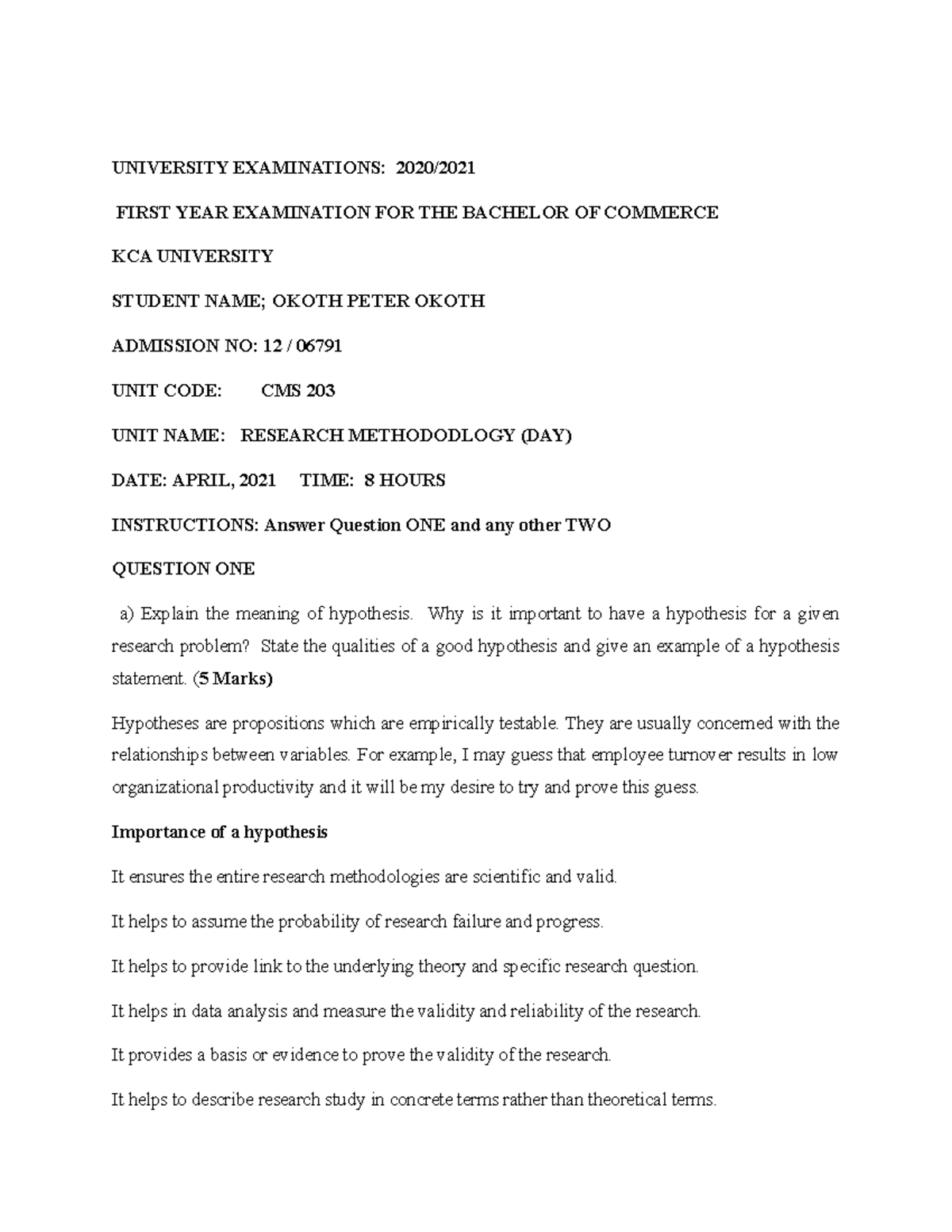 Research EXAM Paper April 2021 - UNIVERSITY EXAMINATIONS: 2020/ FIRST ...