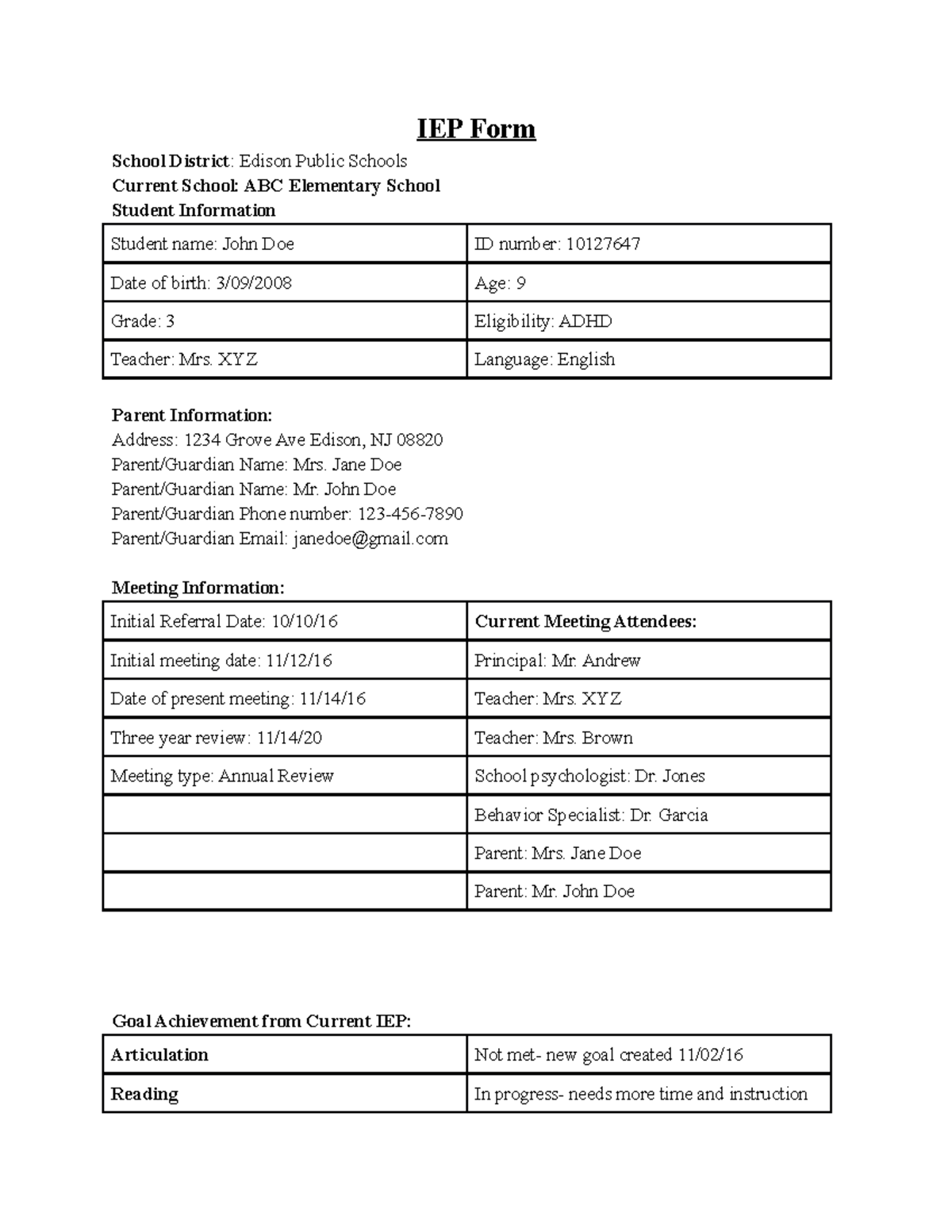 Mock IEP - MOCK IEP assignment - IEP Form School District: Edison ...