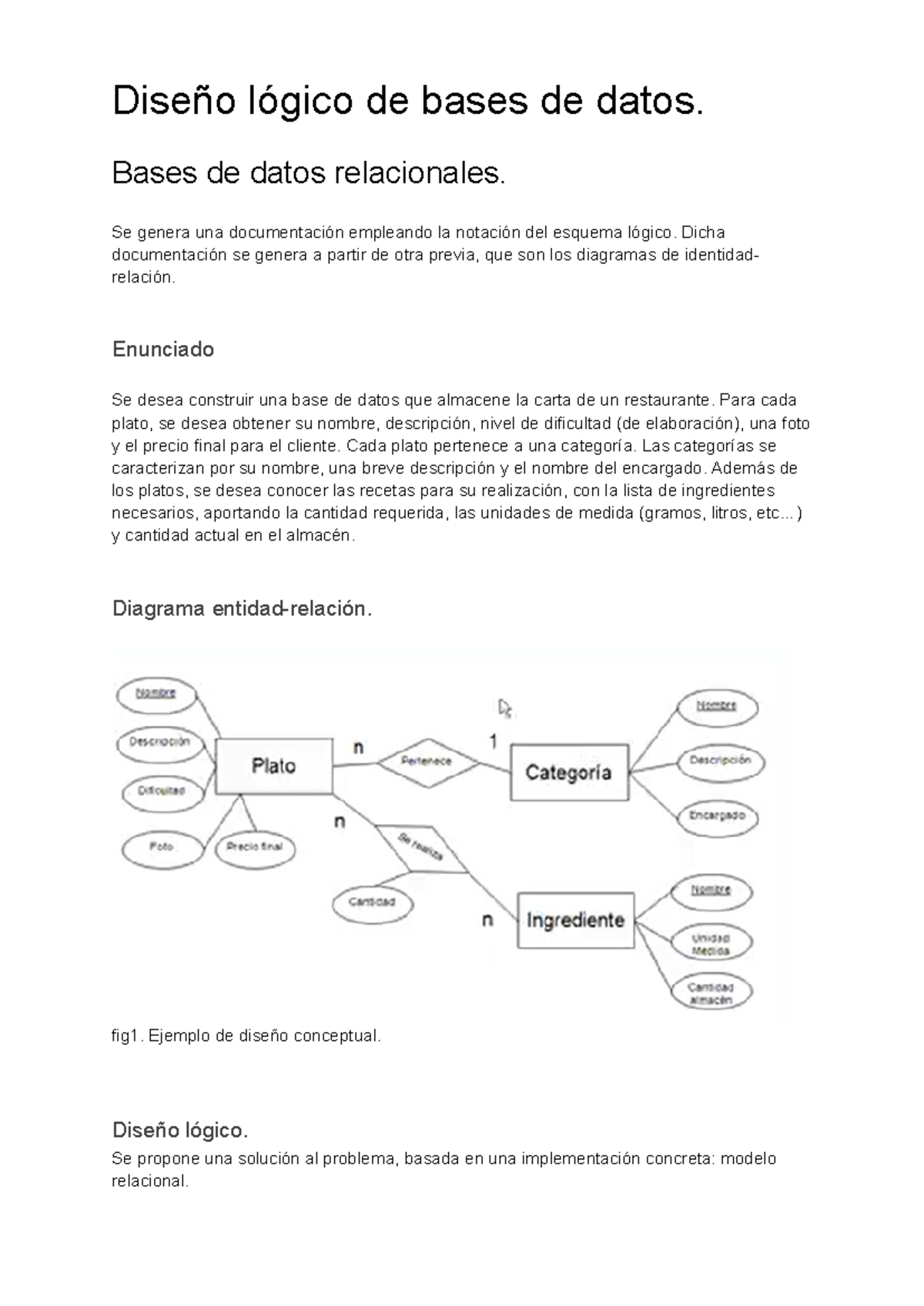 Diseño lógico de bases de datos - Bases de datos relacionales. Se genera una documentación ...