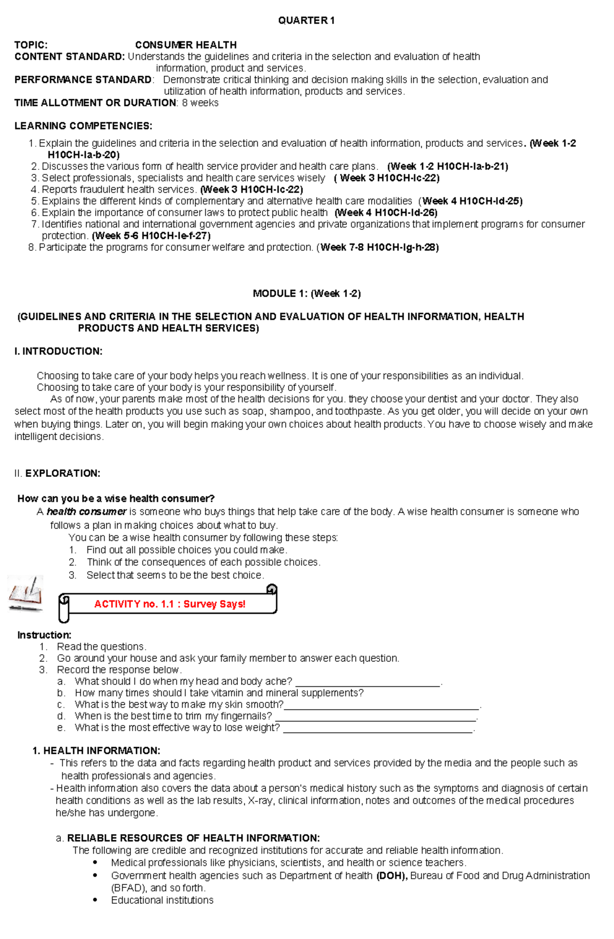 Health - lecture - QUARTER 1 TOPIC: CONSUMER HEALTH CONTENT STANDARD ...