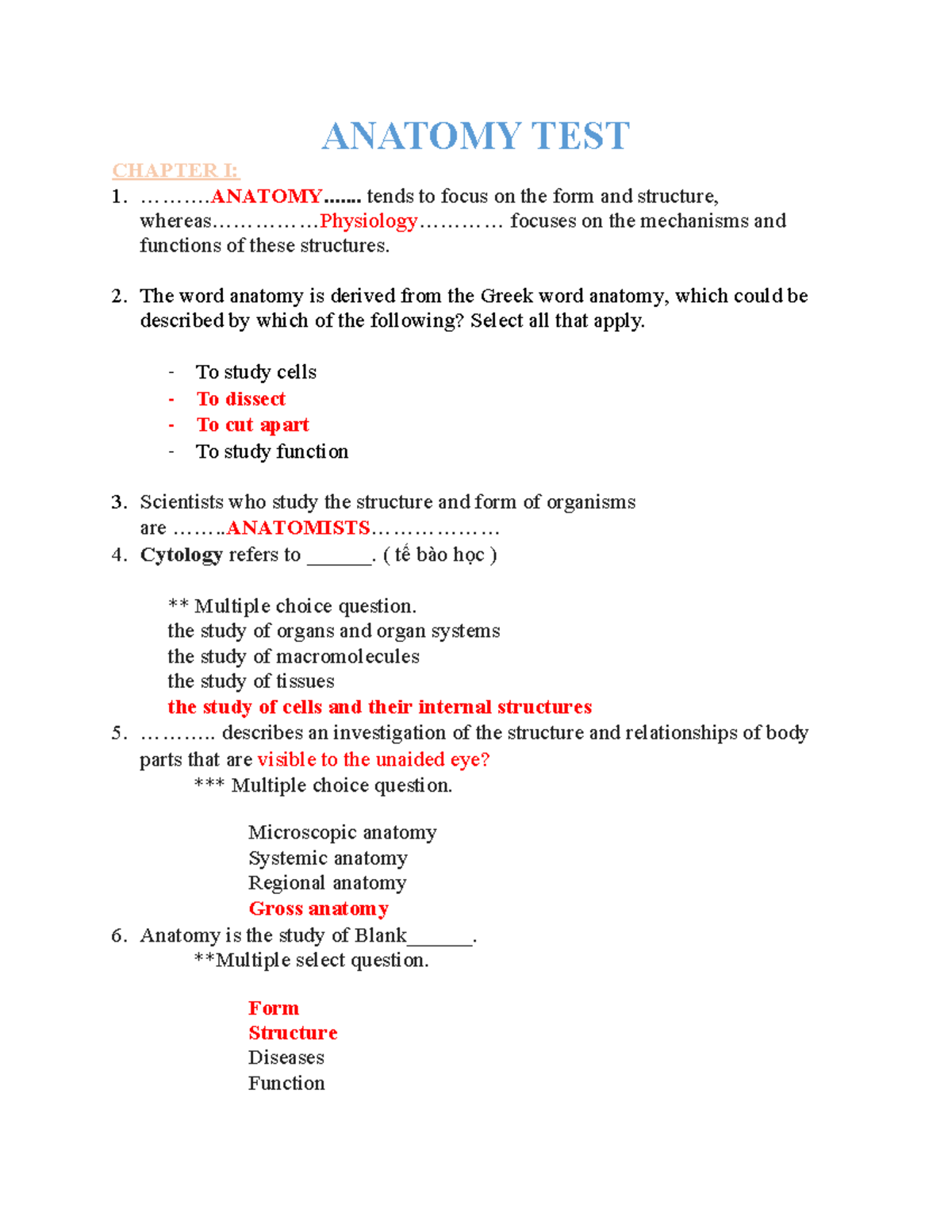 Anatomy TEST - useful - ANATOMY TEST CHAPTER I: ................ tends ...