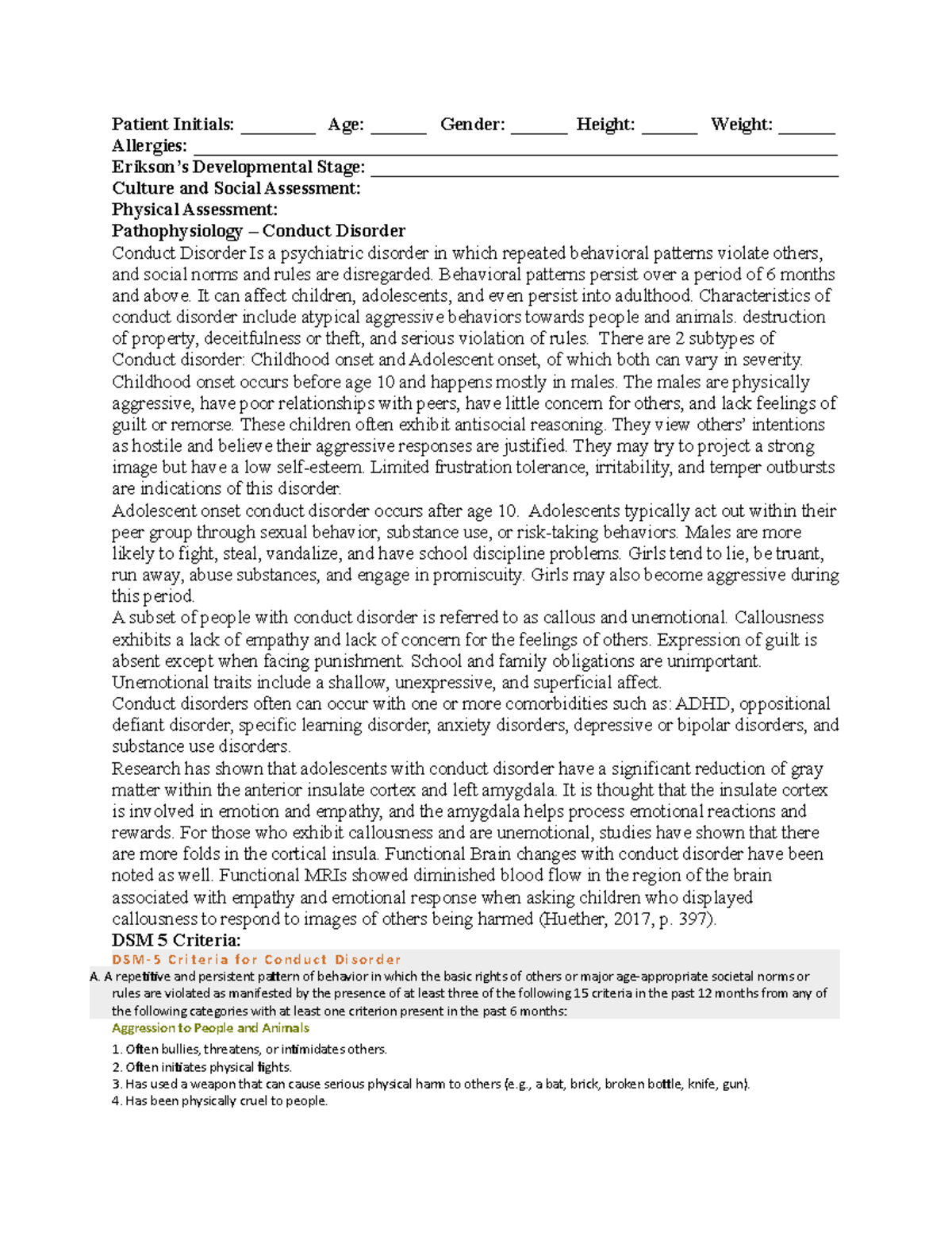 Psych Clinical Conduct Disorder CM - Patient Initials: ________ Age ...