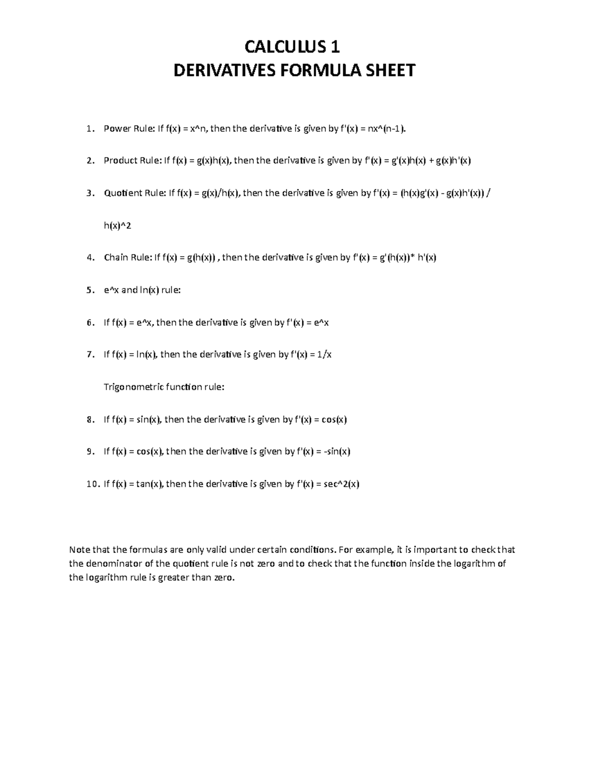 Calculus 1 Derivative Formula Sheet - CALCULUS 1 DERIVATIVES FORMULA ...