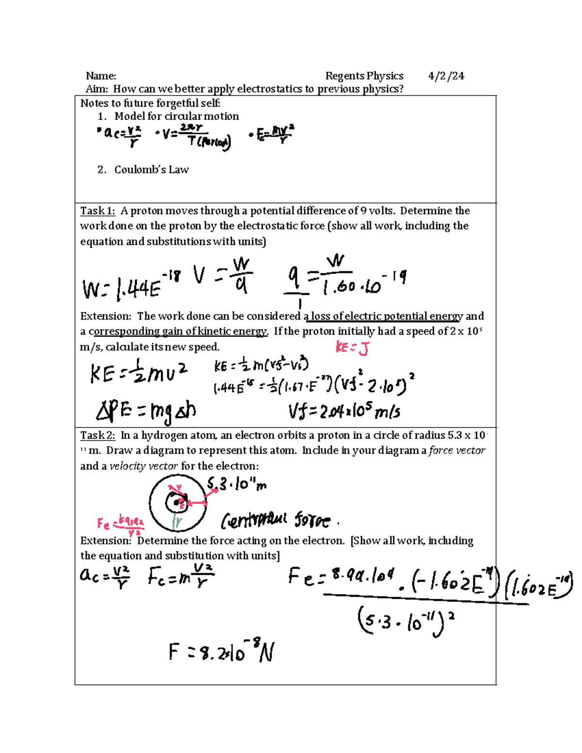 Electrostatics 6 Tasks Electrostatics Connections - Name: Regents Physics 4/2/ Aim: How can we ...